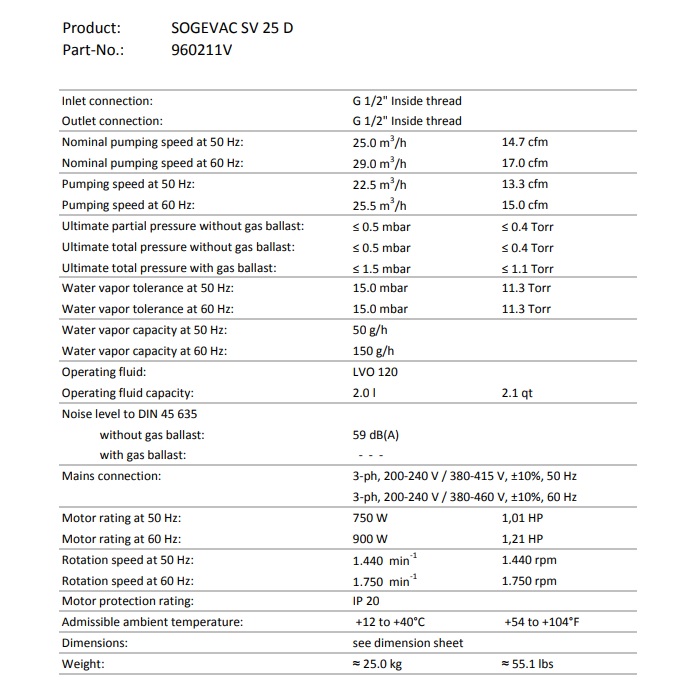 New Leybold SOGEVAC SV25 B Vacuum Pump, Leybold SV 25V Pump with Gas ...